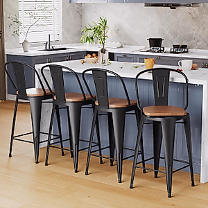 Alunaune 30" Swivel Metal Bar Stools Set of 4 High Back Counter Height Barstools Industrial Dining Bar Chairs with Large Wooden Seat-Matte Black