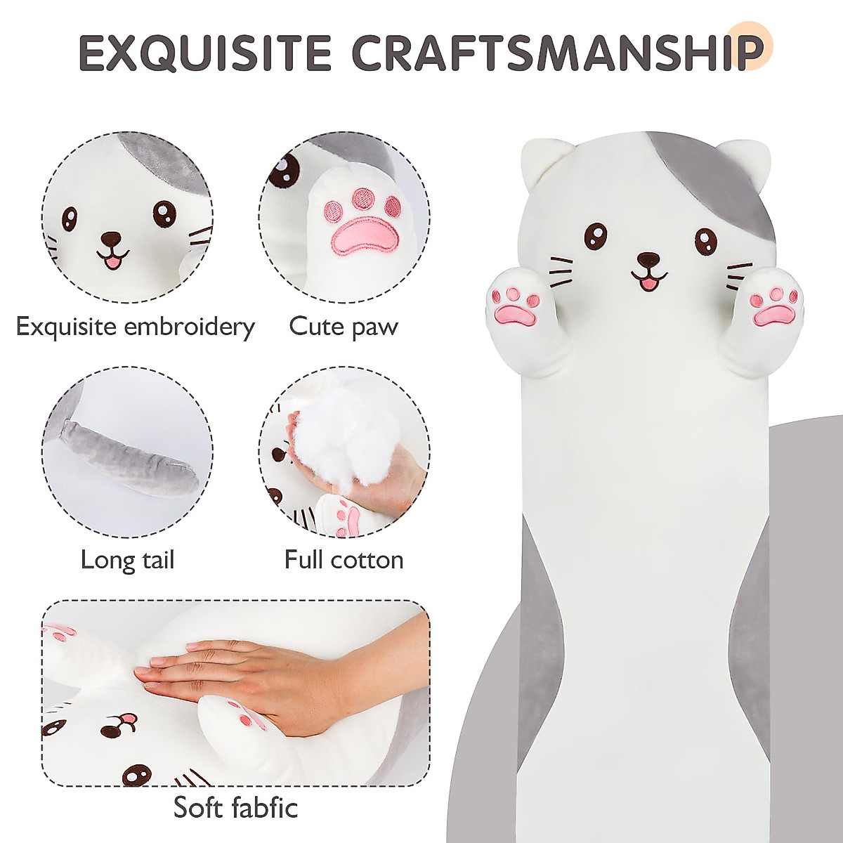 28inch Cat Plush Body Kitty Pillow, Soft Giant Doll Cute Kitten Squishy Cats Stuffed Animal Toy Gifts for Kids, Halloween, Christmas, Thanksgiving, Birthdays