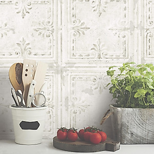 RoomMates RMK11209WP White Tin Tile Metallic Accent Peel and Stick Wallpaper, Roll