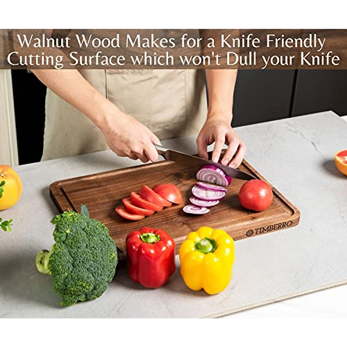 Walnut Cutting Board by Timberro (17x12x0.8 Inches) with Hanging Hole, Built-in Handles, and a Deep and Wide Juice Groove, Edge Grain, Finished with Mineral Oil, Tall Size