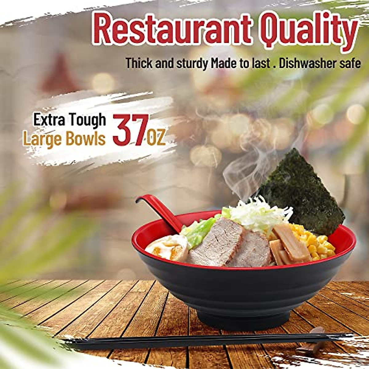 Eaasty 8 Set Ramen Bowl Japanese Style Ramen Bowls Melamine Noodles Bowl Asian Chinese Large Soup Bowls with Spoons and Chopsticks for Pho Udon Soba Asian Dishes Ramen Noodles, Black and Red