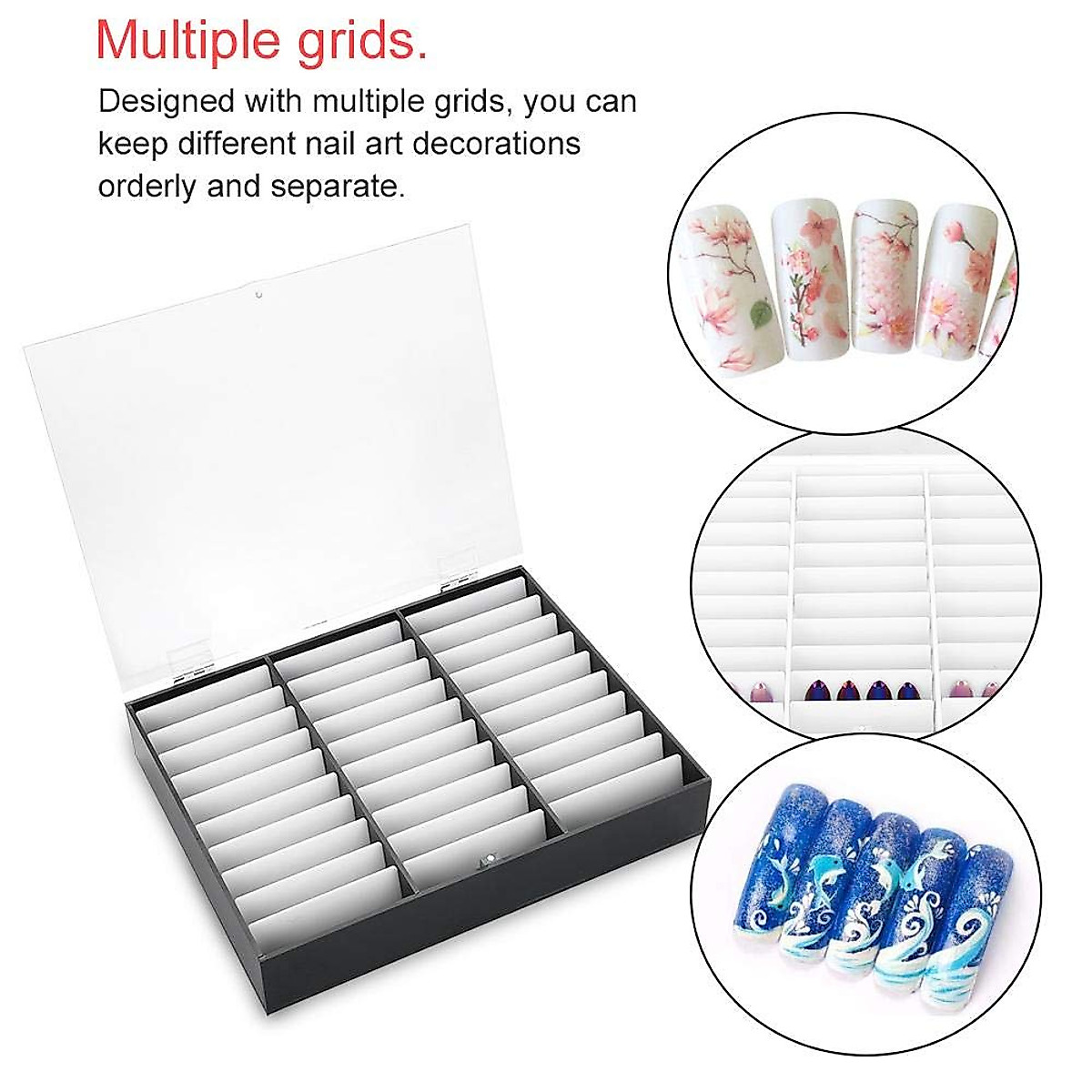 Nail Storage Box, Display Box Nail Art Decoration Container Empty Nail Tips Storage Box Fake Nail Display Case(Black)