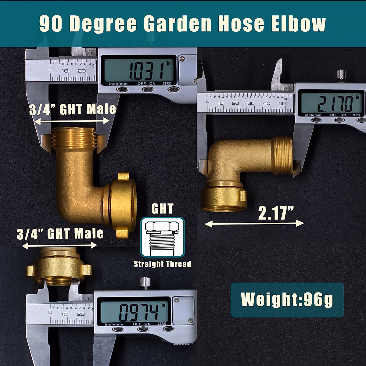 2PCS Brass Garden Hose Elbow Connector, 90-Degree Heavy Duty Fittings, 3/4 Inch GHT Male & Female Adapter