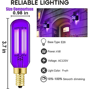 LEOOLS E12 LED Purple Light Bulb,Dimmable Filament LED Purple Light Bulbs, 40 Watt Equivalent Vintage LED Red Bulb,T6 4W LED Edison Chandelier Light Bulbs, Candelabra Red Bulbs,6-Pack