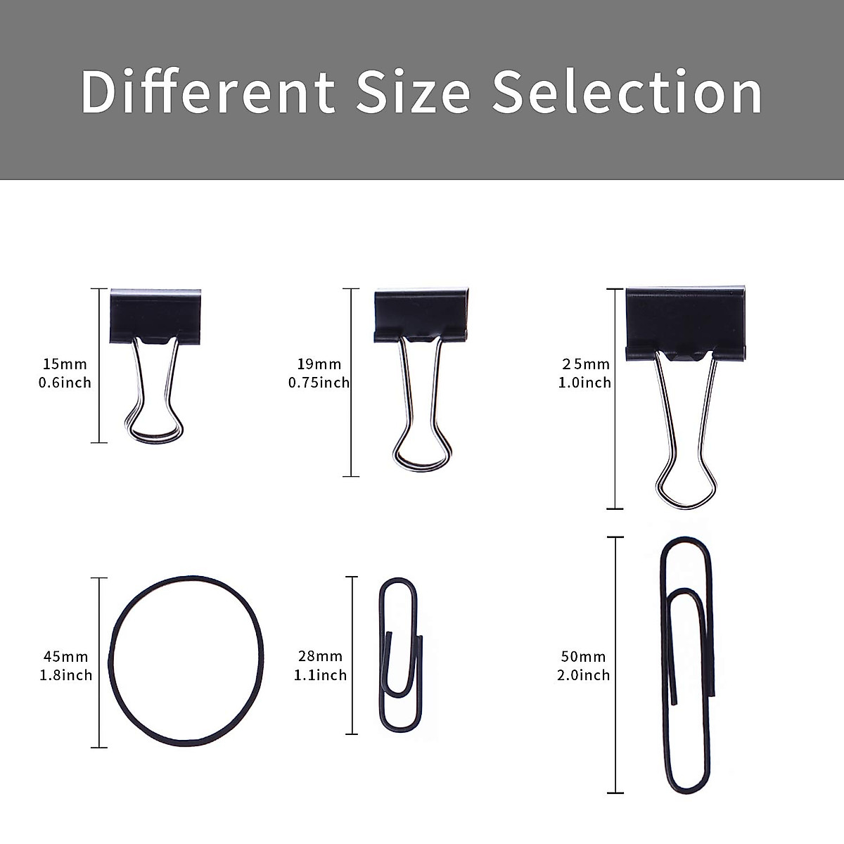 A+DAY 240 pcs Binder Clips, Paper Clips, Rubber Bands, Paper Clamps Assorted Size, Jumbo Paper Clips, Small Paper Clips, Large Binder Clips, Medium Binder Clips, Small Binder Clips (Black)