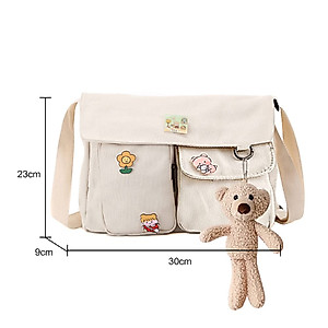 JQWSVE Canvas Messenger Bag Casual Shoulder Crossbody for Women Girls Kawaii with Accessories Cute Japanese Schoolbag 02-beige
