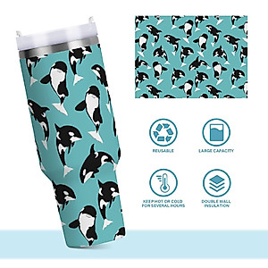 KEEPREAL 40 oz Killer Whale Pattern Tumbler with Handle, Insulated Sports Water Bottle with Lid and Straw, Thermal Stainless Steel Travel Coffee Mug Cup
