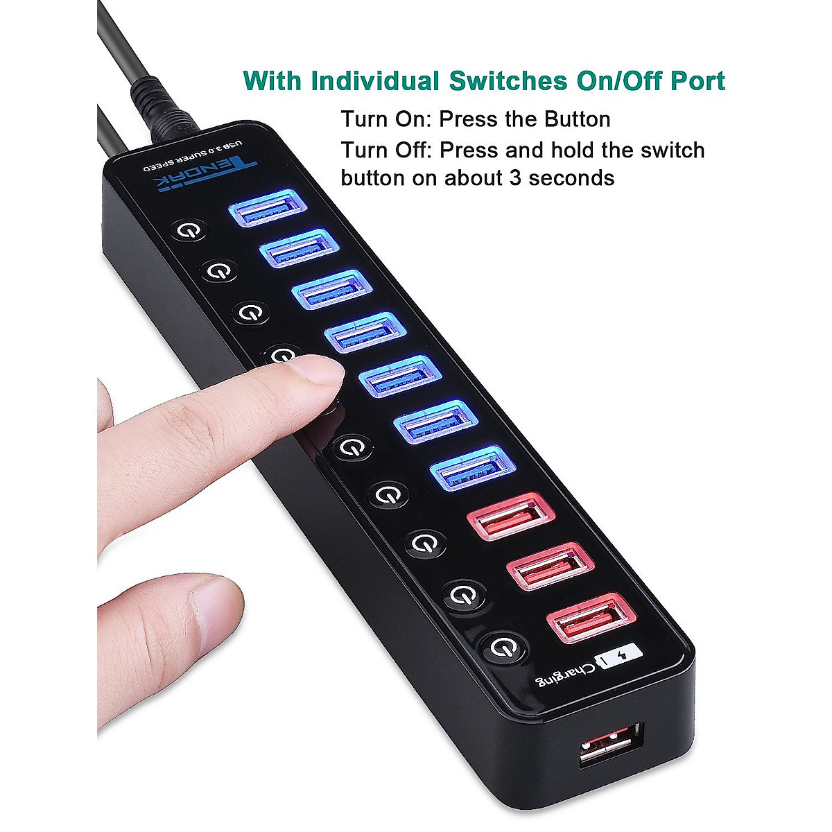USB 3.0 Hub - Tendak 7 USB 3.0 Data Ports + 3 USB Smart Charging Ports with Individual On/Off Port Powered 10 Port USB Hub for PC Mac PS4 Xbox One XPS Surface Pro