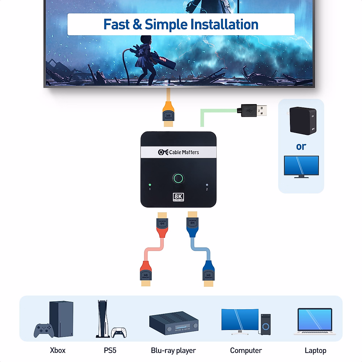 Cable Matters 48Gbps 2-Port 8K HDMI 2.1 Switch 4k 120hz / 8k 60hz, 2-Port 4k 120hz HDMI Switch 8K for PS5, Xbox Series X/S, Apple TV, Gaming Monitor, 4K / 8K TV and More