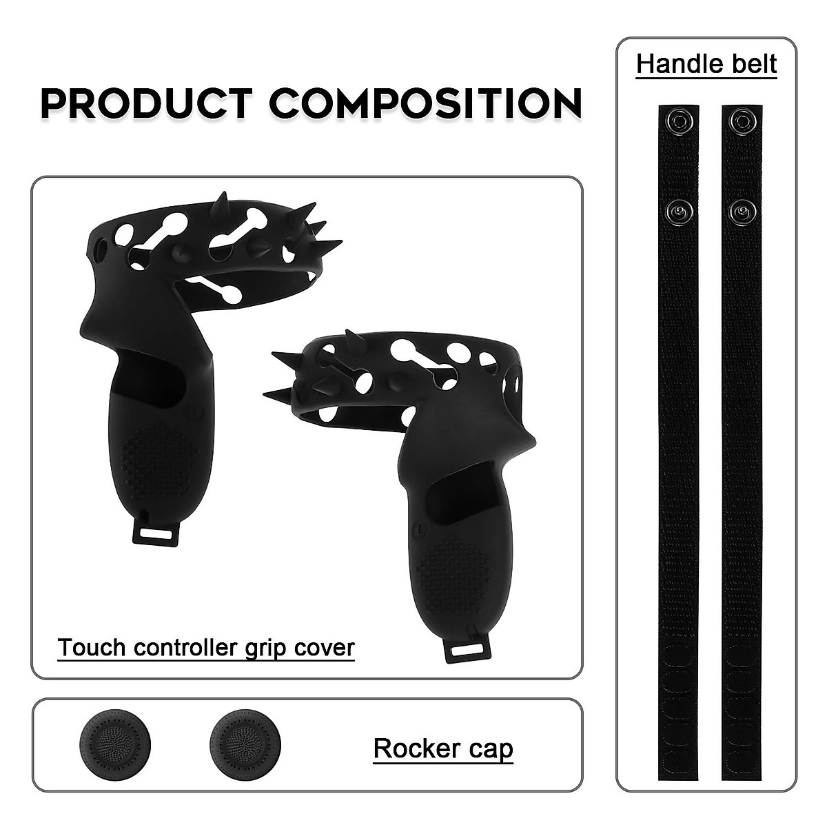 (1 Set) Seltureone Compatible for Quest 2 Touch Controller Full Grip Cover with Prick, Spiny Anti-slip Anti-fall Protective Silicone Sleeve with Hand Strap for Quest 2 Right Left, Black