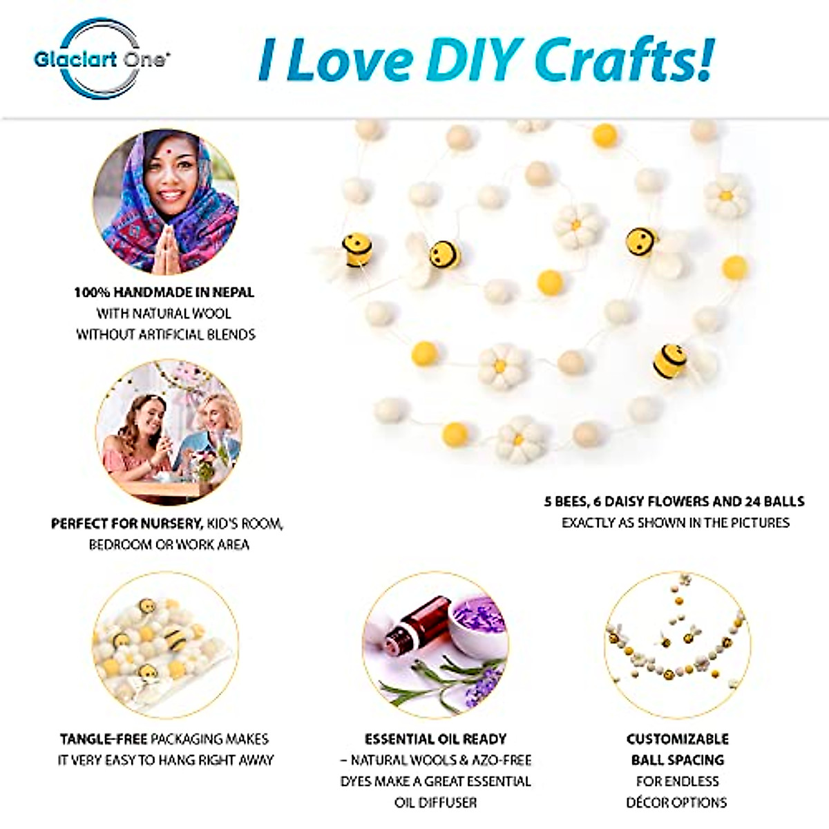 Glaciart One Felt Bees & Felt Daisies Garland - Hanging Banner Decoration for Baby Nursery, Kids Room, Classroom - Woodland Forest-Themed Décor - Summer,Christmas,Easter & Spring - Home Décor - 35In