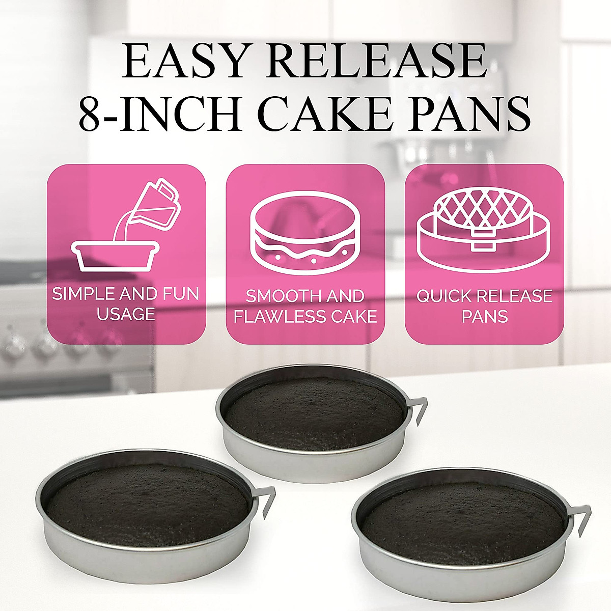 Aunt Shannon's Kitchen 8 Inch Round Cake Pans, 3 Pack, Silver Cake Pan with a Built-in Swivel Blade, Easy Release Cake Pans Set for Baking, Baking Pans Set for 3-Layer Cake, Dishwasher Safe