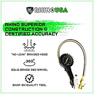Rhino USA Tire Inflator with Pressure Gauge (0-100 PSI) - ANSI B40.1 Accurate, Large 2" Easy Read Glow Dial, Premium Braided Hose, Solid Brass Hardware, Best for Any Car, Truck, Motorcycle, RV…