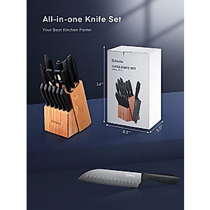 D.Perlla Knife Set with Block, 15 Pieces Stainless Steel Kitchen Knife Set with BO Oxidation Technology, No Rust, Sharp Knife Block Set