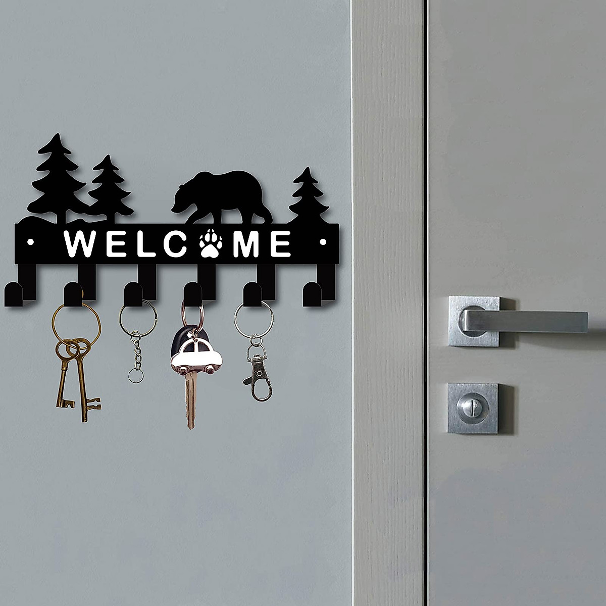 CREATCABIN Metal Key Holder Black Key Hooks Wall Mount Hanger Decor Iron Hanging Organizer Rock Decorative 6 Hooks Welcome Bear for Home Housewarming Gift Entryway Cabinet Hat Towel 10.6 x 5.5inch