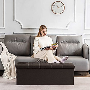 YOUDENOVA 43 Inches Folding Storage Ottoman Bench, Storage Chest Foot Rest Stool with Wooden Divider, Bed End Bench with 120L Large Storage Space, Linen Fabric Brown