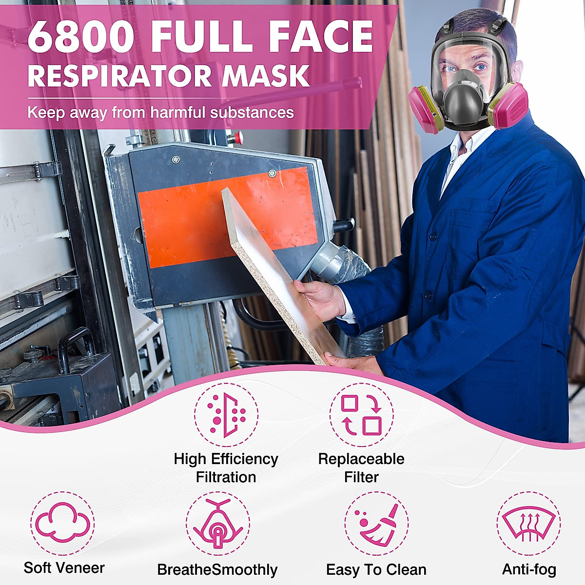 GSHUBB Full-Face Mask Respirator with 60926 Cartridges - Anti-fog,Reusable Gas Cover Organic Vapor Masks Survival Nuclear,Paint Mask for Painting,Dust,Formaldehyde,Epoxy Resin,Sanding,Cutting,welding