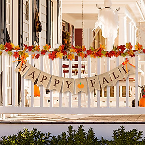 Thanksgiving Maple Leaf Garland Artificial Fall Foliage Garland and 20 LEDs String Light and Happy Fall Burlap Banner Thanksgiving Pumpkin Bunting Flag Garland for Autumn Thanksgiving Window Decor