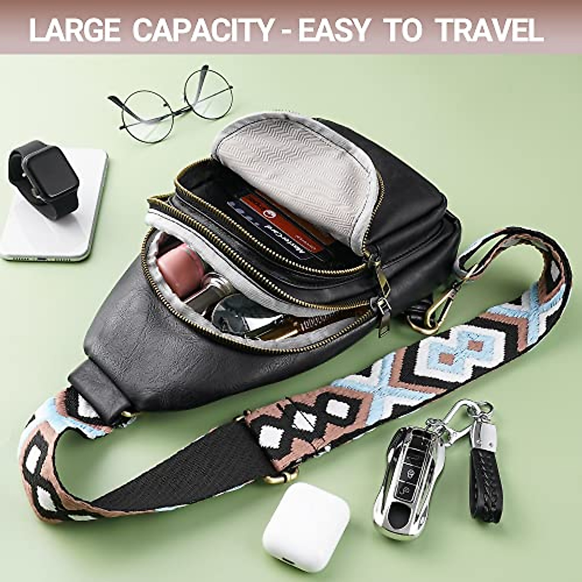 KFXFENQ Sling Bag for Women PU Leather Sling Bags for Women Crossbody Fashion Sling Backpack Multipurpose Chest Bag for Cycling (Black)