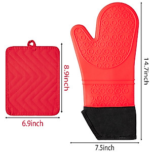GROBRO7 4Pcs Silicone Extra Long Oven Mitt Pot Holder Set Heat Resistant Hot Pads Waterproof BBQ Gloves Machine Washable Pocket Potholder with Hanging Loop for Safe Kitchen Baking Cooking Grilling Red