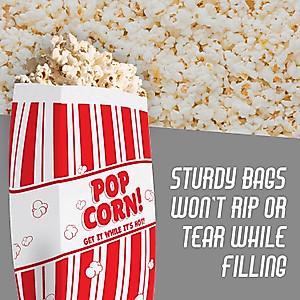 Retro, Grease Resistant Popcorn Bags 25 Pack. Single Serving 1oz Paper Sleeves in Nostalgic Red/White Design Movie Theme Party and Old Fashioned Carnivals & Fundraisers Old School Supplies