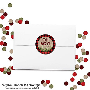 Oh Boy! Outdoorsy Red and Black Plaid Lumberjack Baby Sprinkle Baby Shower for Boys Thank You Sticker Labels, 40 2" Party Circle Stickers by AmandaCreation, Great for Party Favors, Envelope Seals & Go
