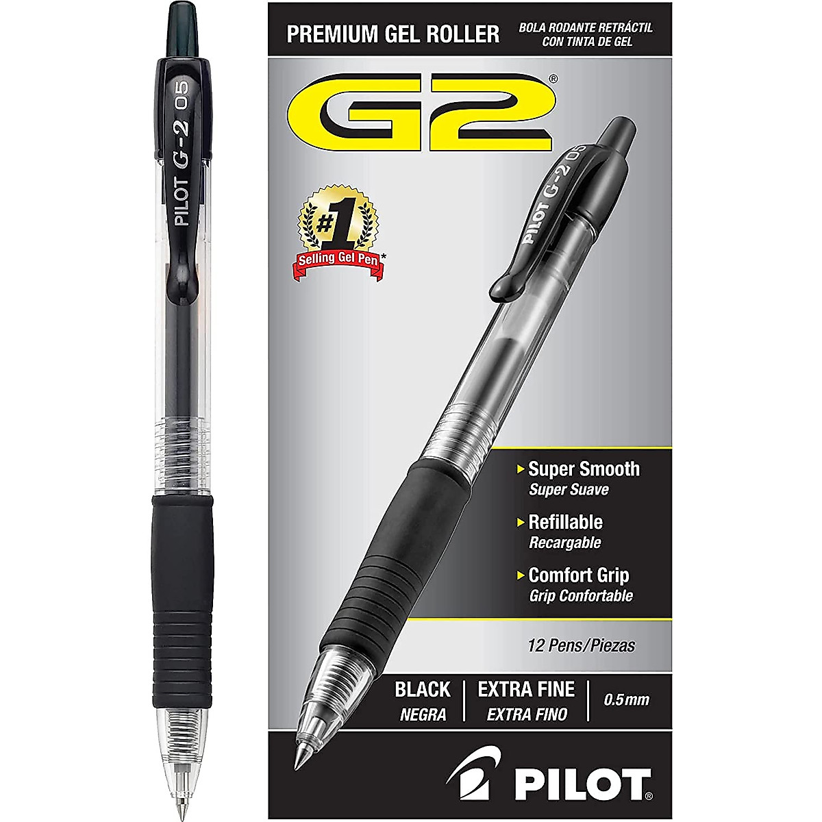 PILOT G2 Premium Refillable & Retractable Rolling Ball Gel Pens, Extra Fine Point, Black Ink, 6 pack