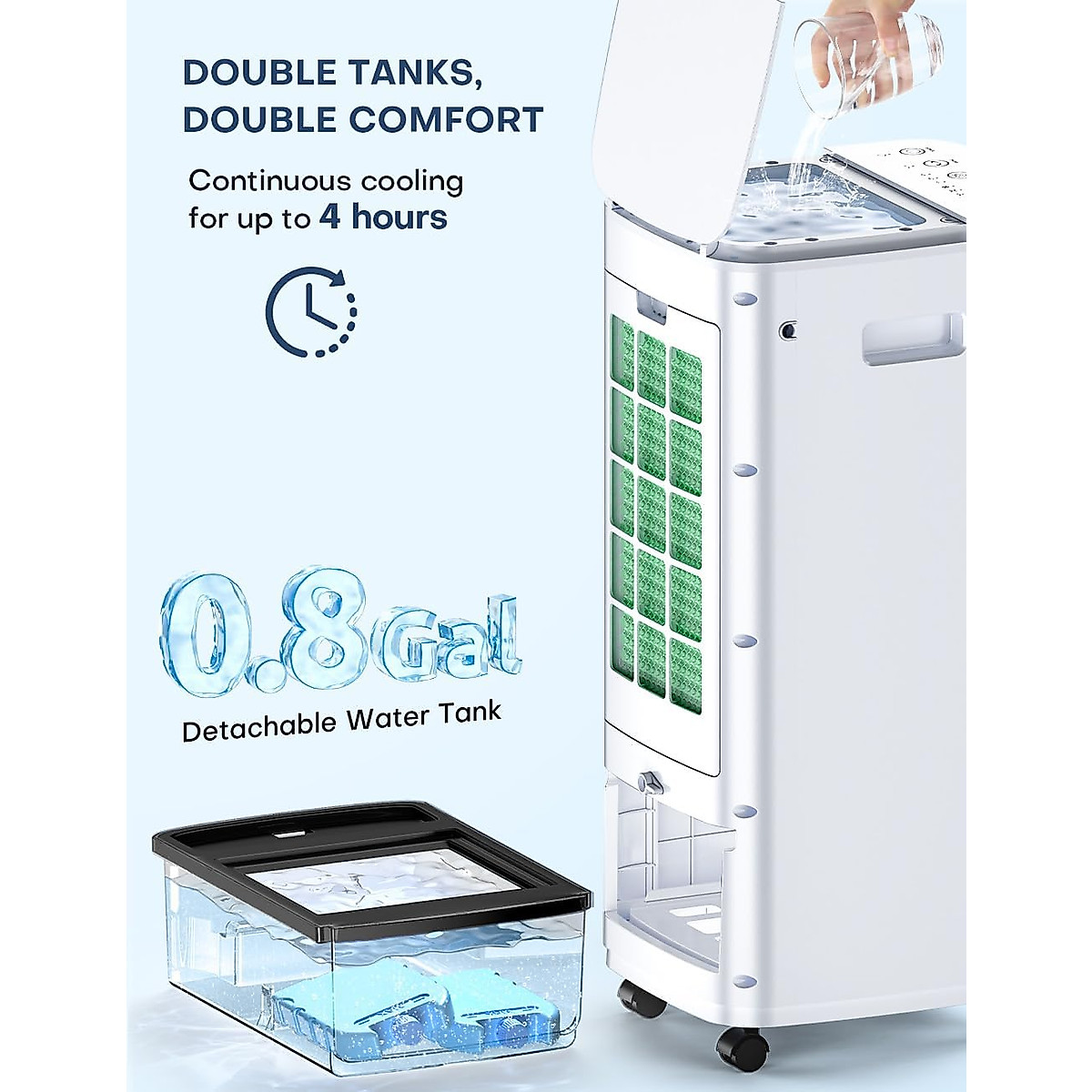 BALKO 25-INCH Evaporative Air Cooler, Swamp Cooler Air Conditioner w/Double Tanks, Smart Timer, 3 Ice Packs, 60W Windowless Air Conditioner, 70° Oscillation,3-Speed Portable Air Conditioners for Room