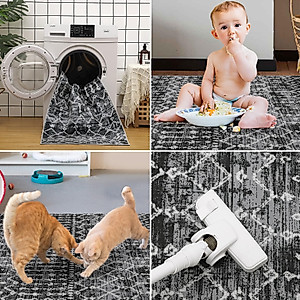 ROYHOME Area Rug 5x7 Boho Distressed Machine Washable Modern Geometric Moroccan Carpet Rug Stain Resistant Non-Slip Accent Rug Coffee Table Rug Farmhouse Dining Office Bedroom Decor, Black