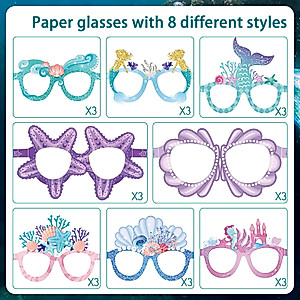 Tenare Mermaid Party Decorations Paper Mermaid Themed Paper Eyeglasses Summer Beach Paper Photo Booth Props(Cute Style, 24 Pieces)