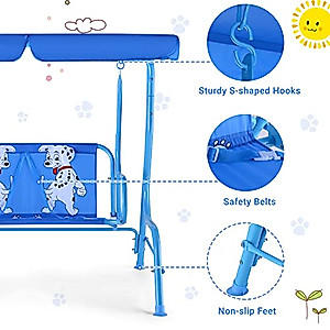 Costzon Patio Swing, All-Weather Porch Swing w/ Safety Belt, 2 Seats Outdoor Lounge Chair Hammock w/ Removable Canopy, Outdoor Swing Bench for Backyard Lawn Garden (Puppy Pattern, Blue)