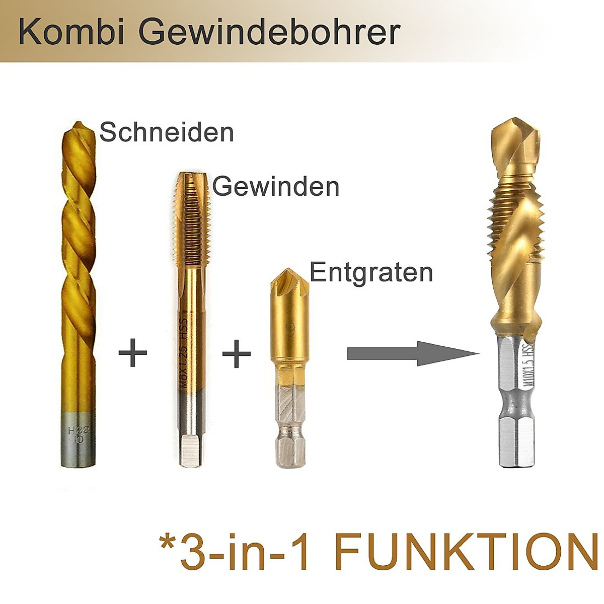 6 Pcs Spiral Tap Drill Bit Set Titanium Coated HSS Fluted Machine Screw Tap Kit, Hex Shank Combination Drill Tap Bit Spiral Screw Tap Set M3-M10, (1 Pack 6 Pcs Silver)