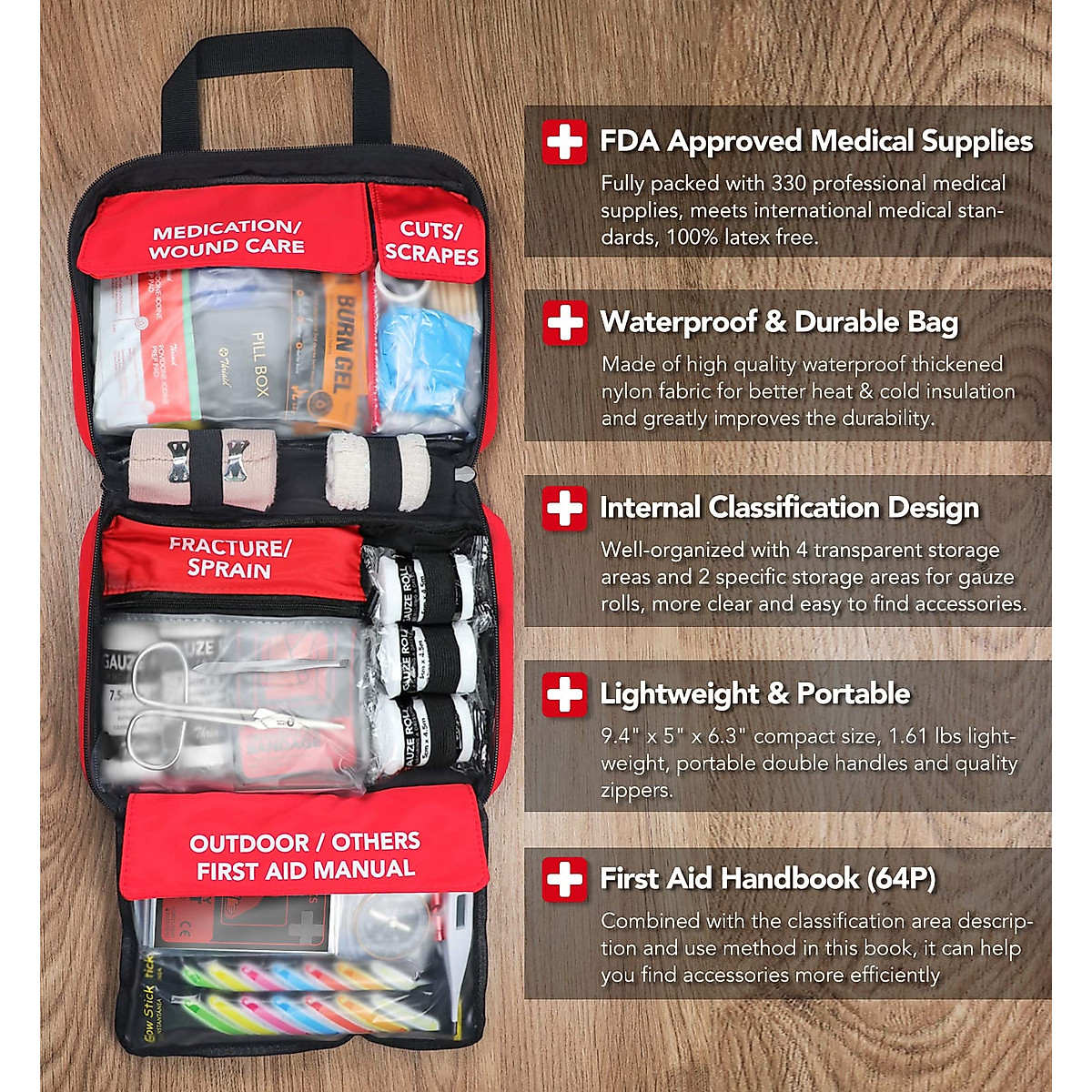 330 Piece First Aid Kit, Premium Waterproof Compact Trauma Medical Kits for Any Emergencies, Ideal for Home, Office, Car, Travel, Outdoor, Camping, Hiking, Boating (Red)