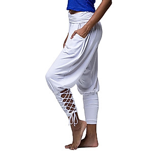 SOMTHRON Women's Casual High Waisted Harem Yoga Pants Loose Fit Lace Up Capris Leggings with Pockets WH-2XL White