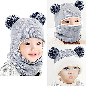 Bienvenu Baby Boy Girl Winter Hat, Kids Earflap Hat with Scarf, Toddler Fleece Beanie Cap Balaclava, Gray