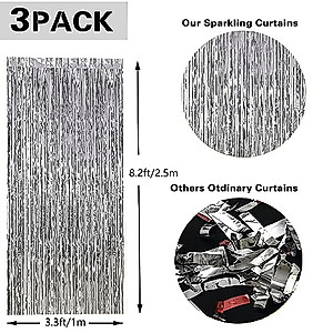 3 Pack Silvery Foil Fringe Backdrop Curtains，3.3 ft x 8.2 ft Silvery Door Streamers ，Silvery Gold foil Fringe Curtain Backdrop,for Photo Background Party Decorations, Graduation Decorations
