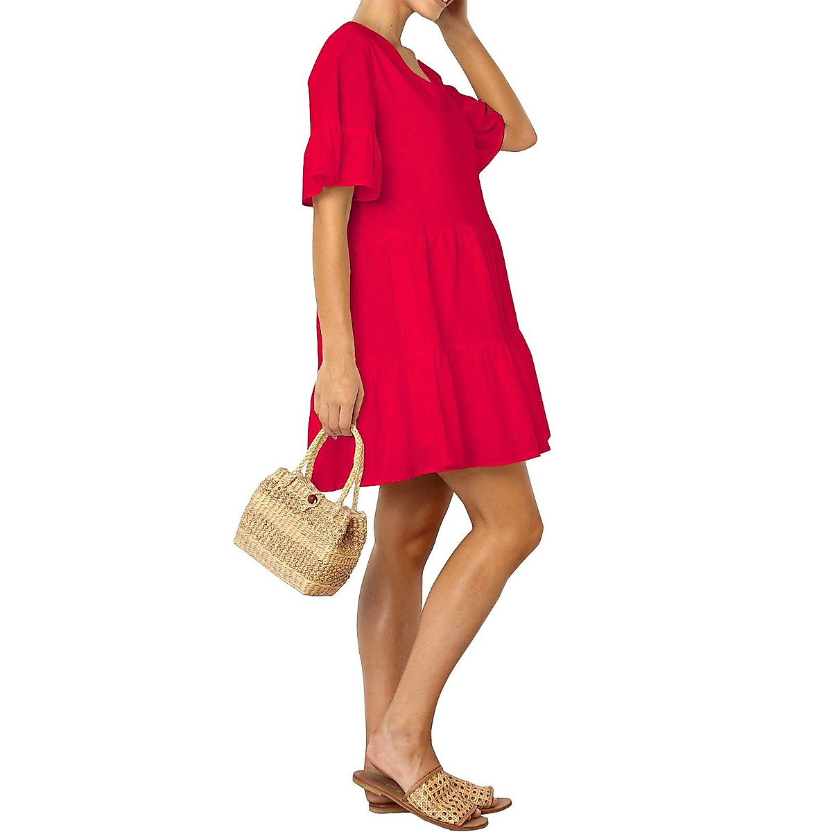 FANCYINN Women’s Red Cute Shift Tunic Dress Short Bell Sleeve V Neck Causal Swing Red Ruffle Mini Dress with Pockets M