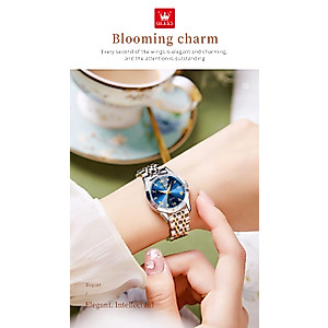 OLEVS Womens Watch Fashion Dress Diamond Female Watches for Ladies Analog Quartz Stainless Steel Waterproof Luminous Day Date Blue Silver Two Tone Wristwatch