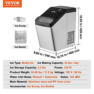 VEVOR Countertop Ice Maker, 33lbs in 24Hrs, 2 Ways to Water Inlet Self-Cleaning Portable Ice Maker with 2 Sizes Bullet Ice, Ice Maker with Scoop and Basket for Home Kitchen Office Party