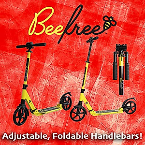 Bee Free 2 Wheel Kick Scooter for Adults and Teens, Adjustable Handlebars, Premium Durable Aluminum Construction, Foldable, Rear Foot Brake and Anti-Shock Suspension, Ages 12+, Up to 200 LBS, Yellow