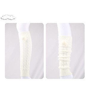Jilneed Long Leg Warmers for Women Lolita Fashion Wool Cable Knit Thigh High Leg Warmers Loose Socks (White)