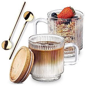 Combler Glass Coffee Mugs, Espresso Cups for Coffee Bar Accessories, Clear Coffee Mug Set of 2, 11oz Glass Coffee Cups with Lids and Spoon, Cute Ribbed Glassware Set for Latte, Cappuccino, Tea, Gift