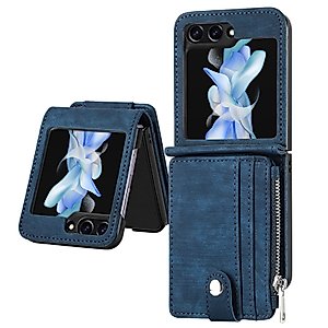 TopFunny Cases for Galaxy Z Flip 5 Wallet Case with Card Holder Retro 2 in 1 Detachable Zipper Flip Wallet Kickstand Premium PU Leather Protective Phone Cover for Samsung Galaxy Z Flip 5 5G 2023 Blue