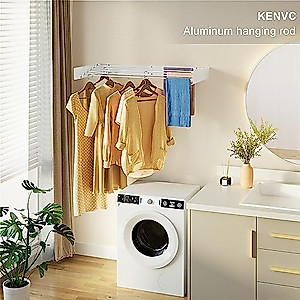 Laundry Drying Rack Collapsible, Wall Mounted, Clothes Drying Rack, 31.4" Wide, 13.2 Linear Ft, 5 Aluminum Rods, 60 lb Capacity, with Wall Template, Screwdriver Bit, Drill Bit ( White 31.4" Medium )