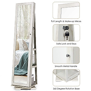 CHARMAID 360° Swivel Jewelry Armoire with Higher Full Length Mirror & Inside Makeup Mirror, Standing Lockable Jewelry Cabinet Organizer, Large Capacity, Back Storage Shelves (Grayish White)