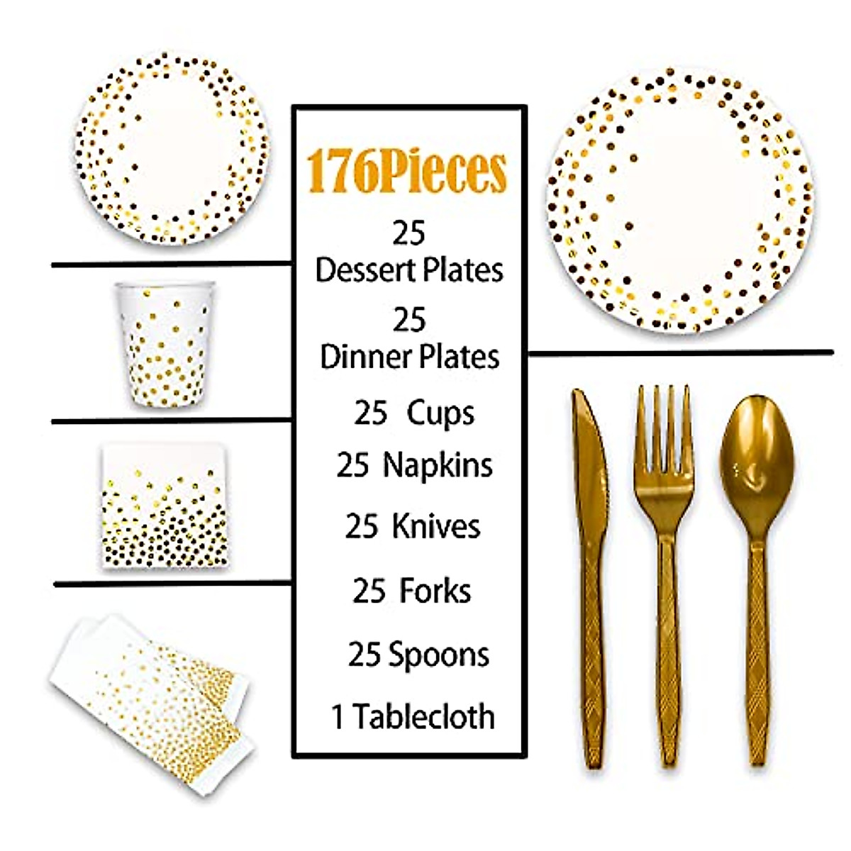 176 Pieces Gold Disposable Party Dinnerware Set &Golden Dot Disposable Party Dinnerware - Black Paper Plates Napkins Cups, Gold Plastic Forks Knives Spoons
