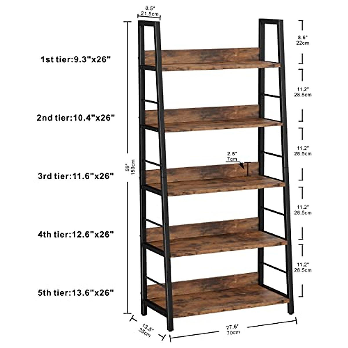 IRONCK Industrial Bookshelves and Bookcases, Ladder Shelf 5 Tier with Metal Frame for Living Room, Home Office, Rustics Brown
