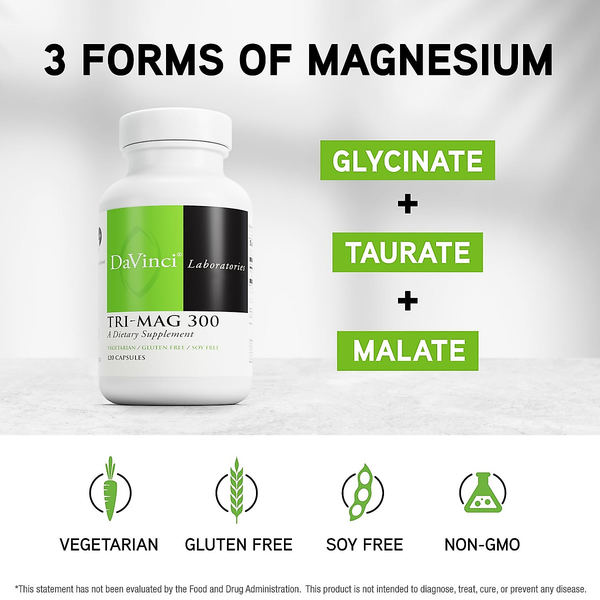 DaVinci Labs Tri-Mag 300 - Chelated Magnesium Supplement with Glycinate, Taurinate & Malate - Helps Support Adrenal Hormone Balance, Nutrient Absorption, Nerve Function & Bone Health* - 120 Capsules