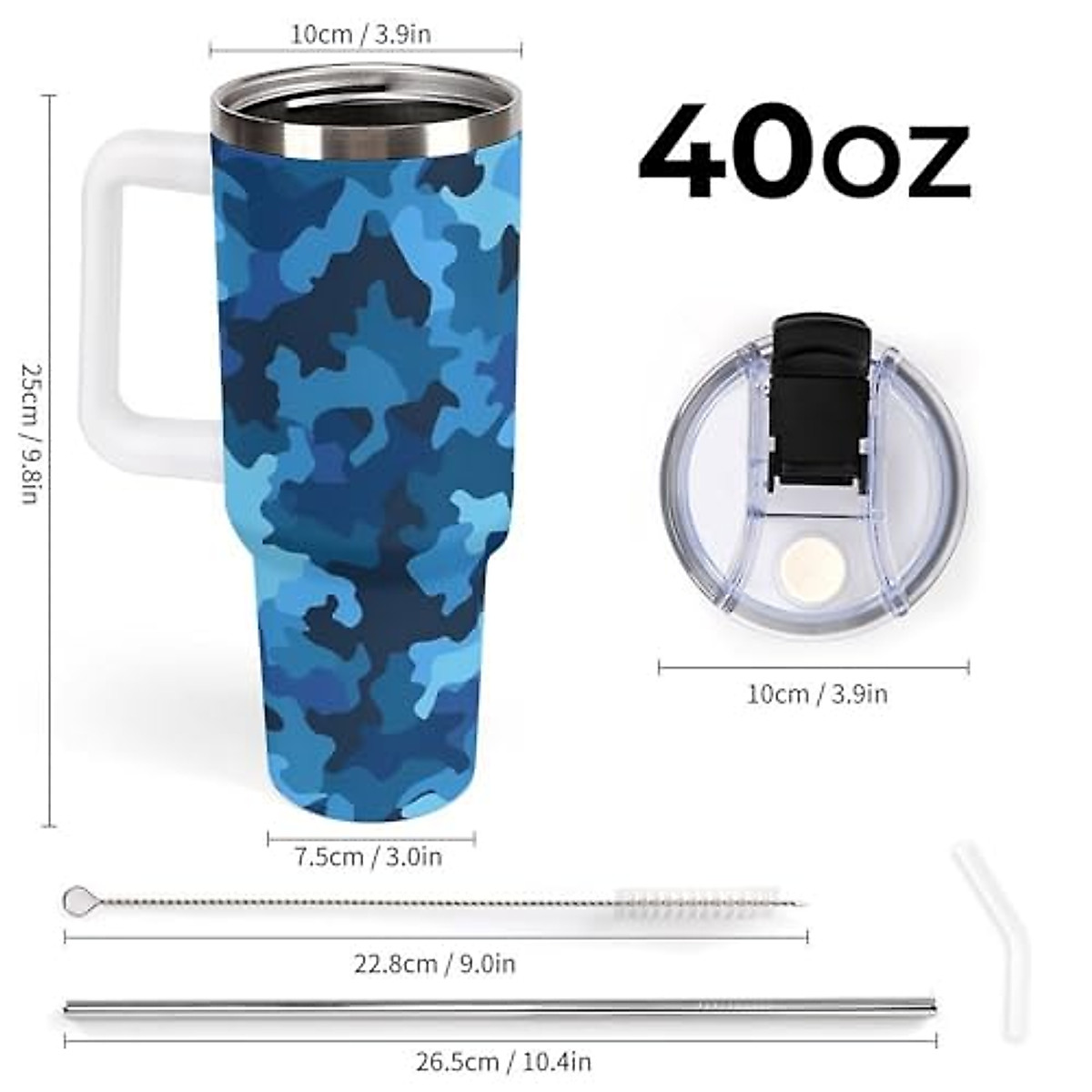 LLUTSNTH 40 Oz Vacuum Tumbler with White Handle Leakproof Insulated Tumbler Blue Camo Stainless Steel Travel Mug with Lid And Straw Coffee Cup Cute Water Bottles Cup Holder Friendly