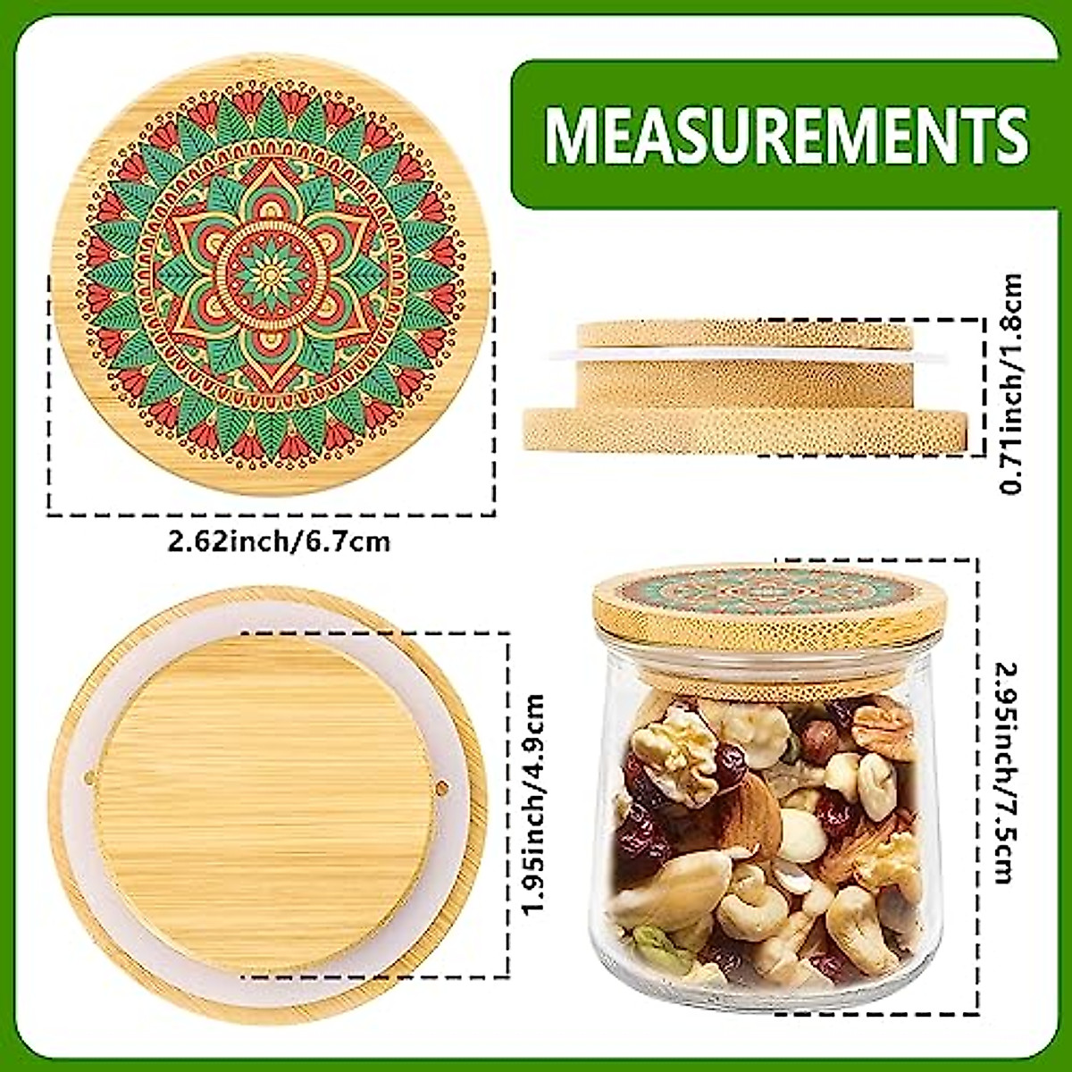 ANNOR 8 Pack Oui Yogurt Jar Lids Reusable Bamboo Wooden Lids with Mandala Patterns, Silicone Sealing Rings and Yogurt Bottle Label, Fit for Oui Yogurt Jars
